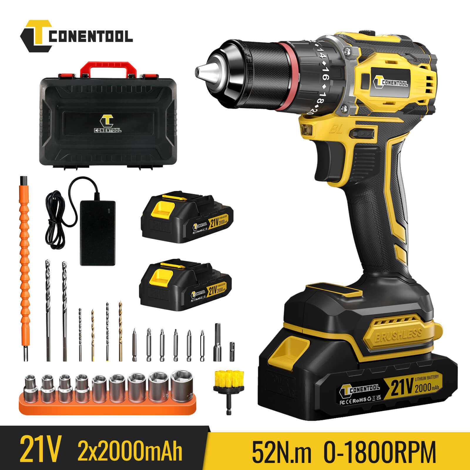 Conentool 21V Brushless Drill Driver Set, Electric Screwdriver with 2X ...