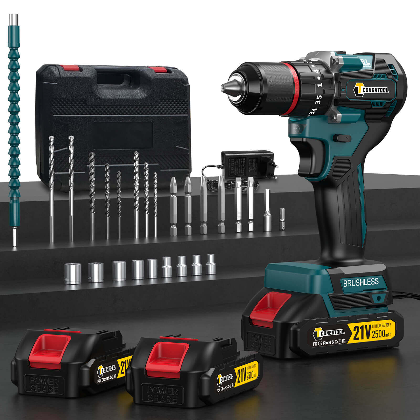 Conentool 21V Brushless Drill Driver Set, Electric Screwdriver with 2X ...