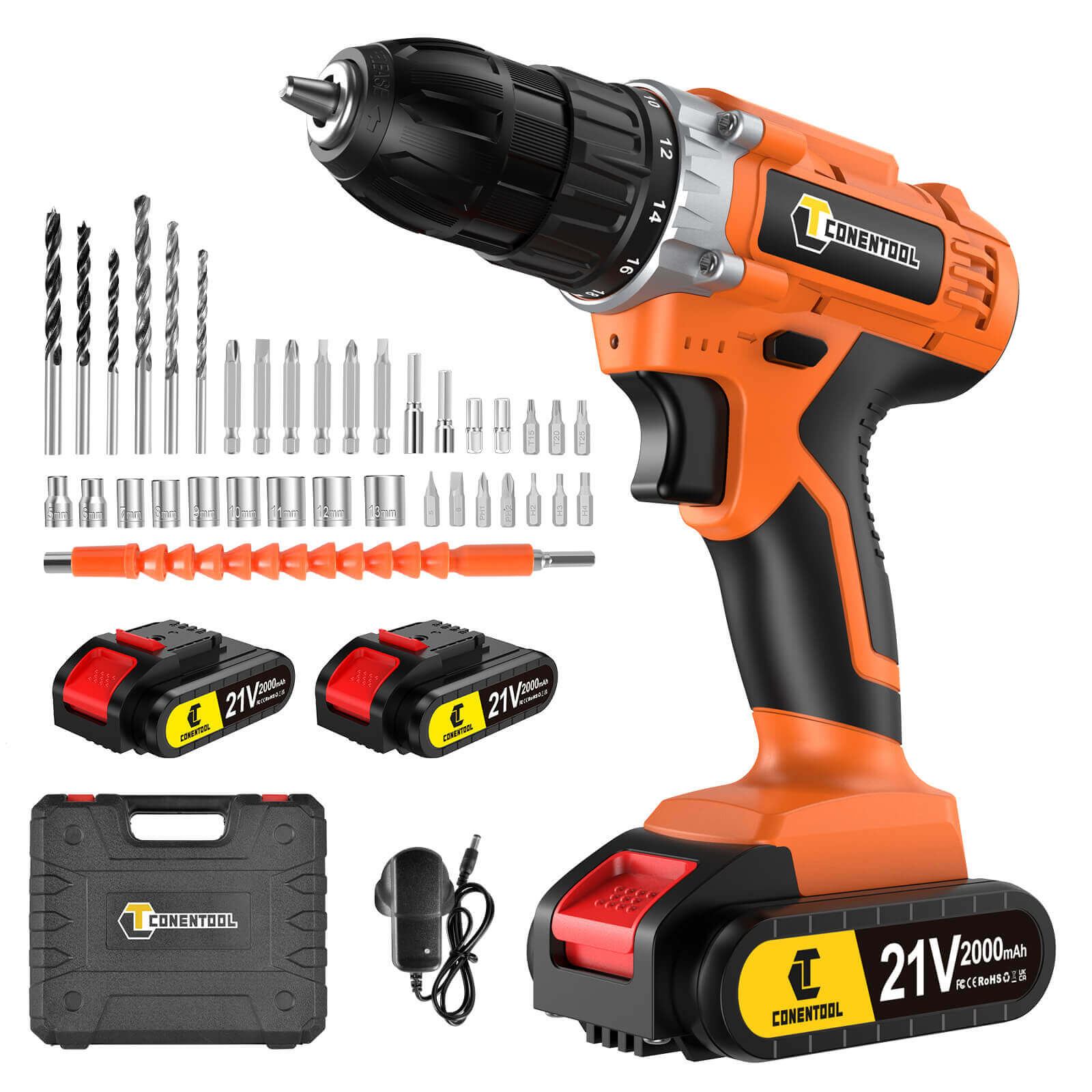 Conentool 21V Drill Driver Set, Electric Screwdriver with 2X 2000mAh B ...